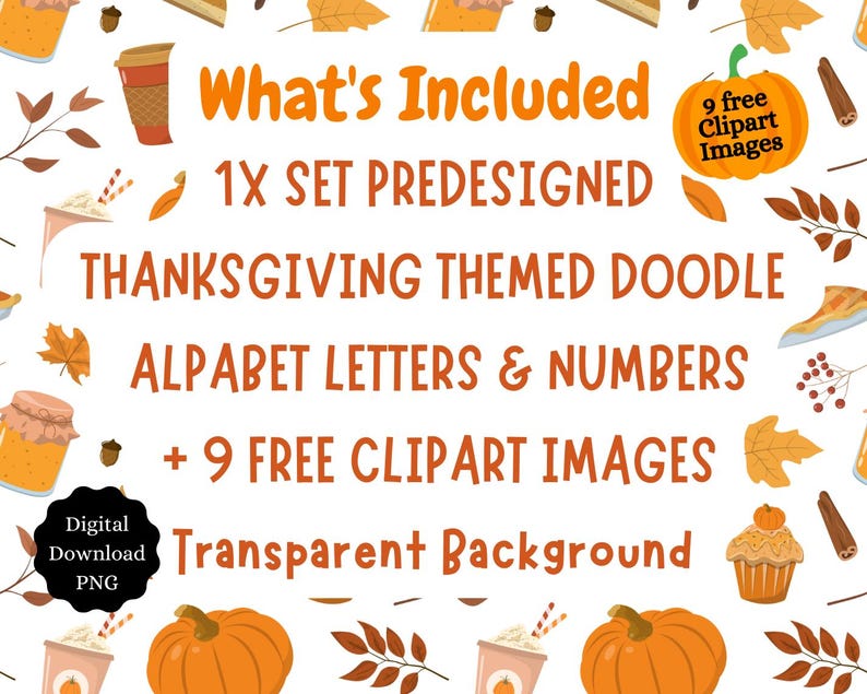 Thanksgiving Doodle Png Letters, Alphabet Png Bundle, Doodle Set With ...