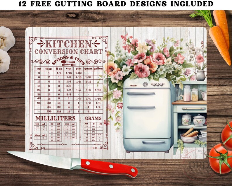 Kitchen Conversion Chart Cutting Board PNG, Retro Farmhouse Kitchen ...