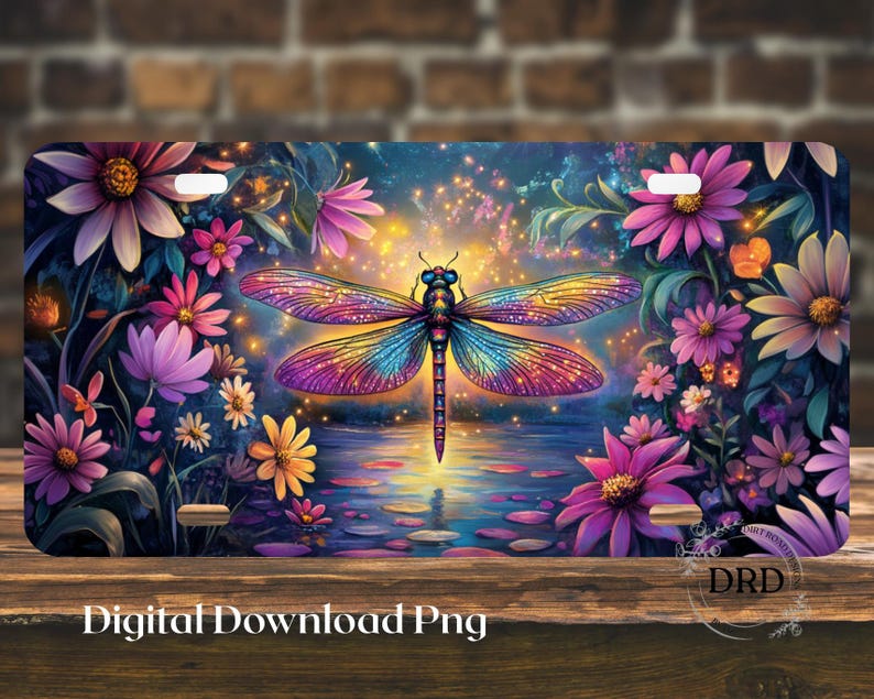 Dragonfly License Plate PNG, Floral Dragonfly Car Tag (digital Download ...