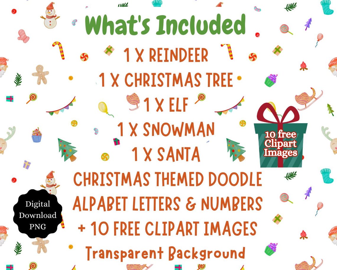 Christmas Doodle Png Letters, Christmas Alphabet & Numbers Png Bundle ...