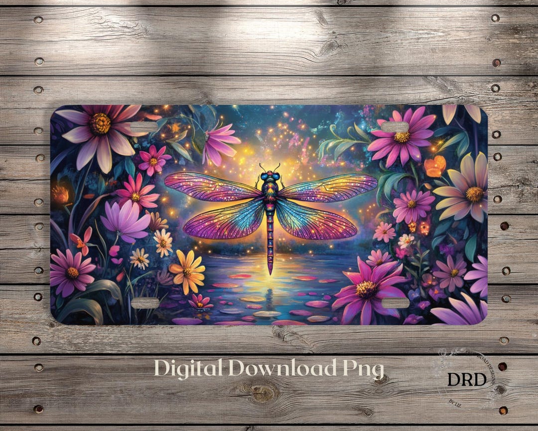 Dragonfly License Plate PNG, Floral Dragonfly Car Tag (digital Download ...
