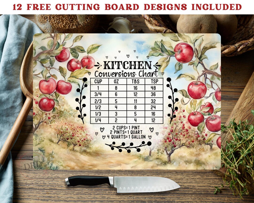 Apples Conversion Chart Cutting Board Sublimation Design, Floral ...