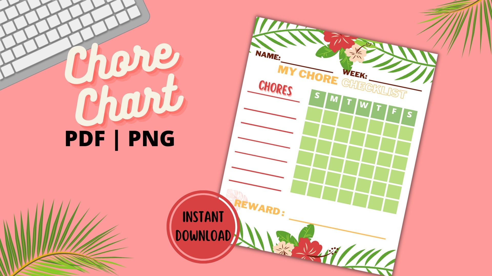 Printable/digital Chore Chart | Responsibility Chart | Tropical Themed ...