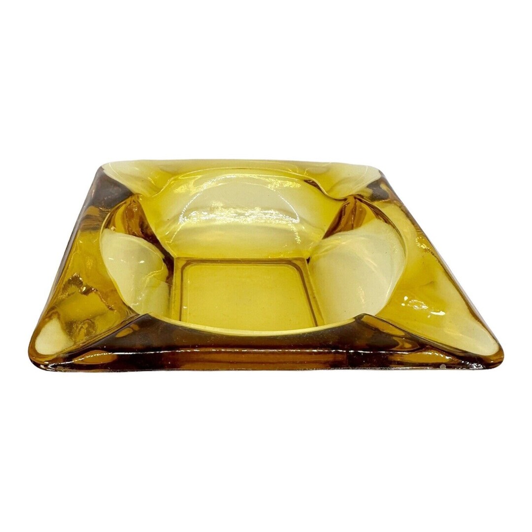 Vintage MCM Amber Glass Cigar Ashtray Square Mid Century Modern ...