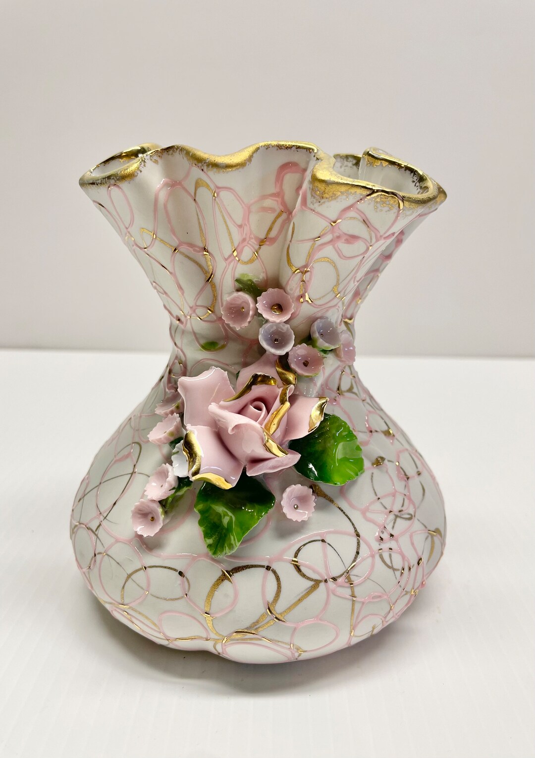 Vintage Lefton China Vase With Atomic Gold Swirls and a Pink Rose - Etsy