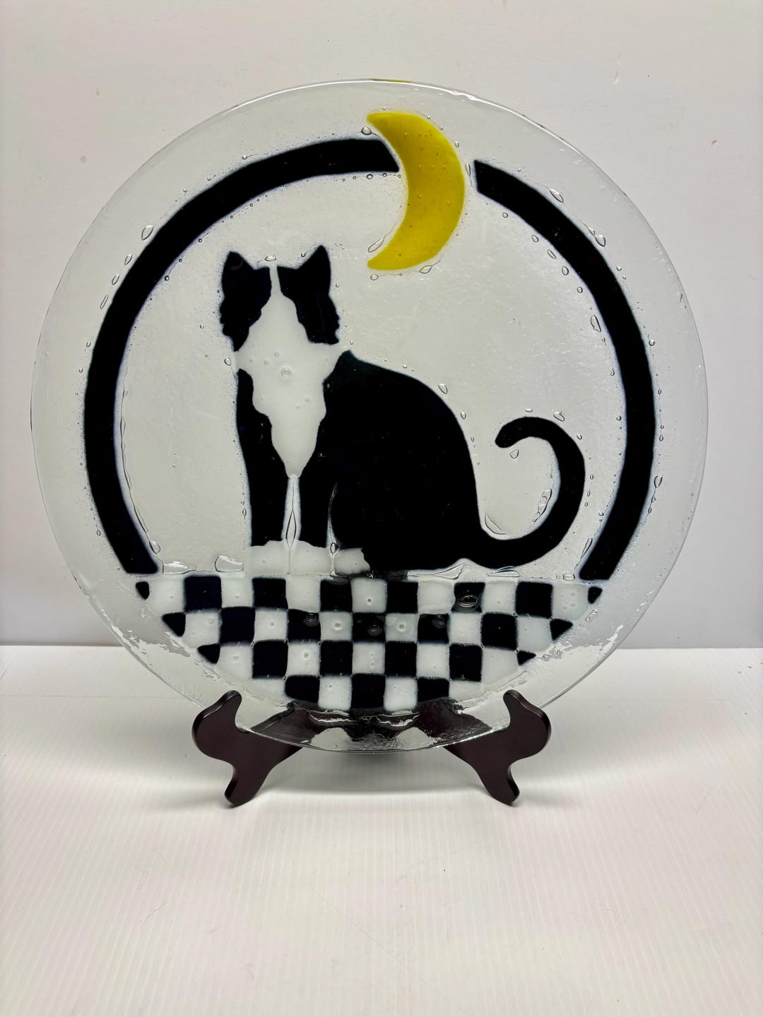 Signed Peggy Karr Fused Glass Plate Cat Sitting Under the Moon - Etsy