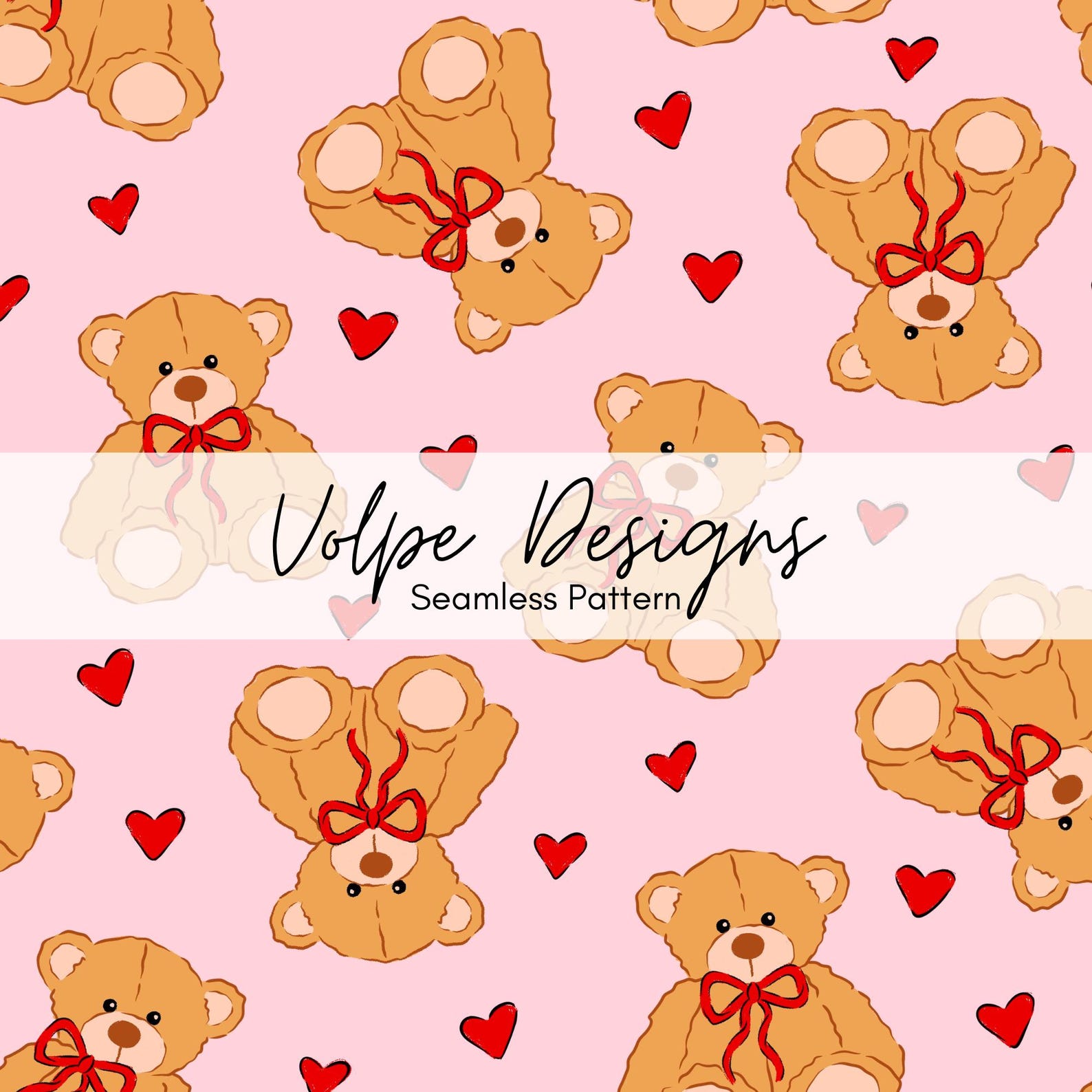 Pink Valentine's Day Teddy Bears Seamless Pattern, Coquette Bows, Red ...