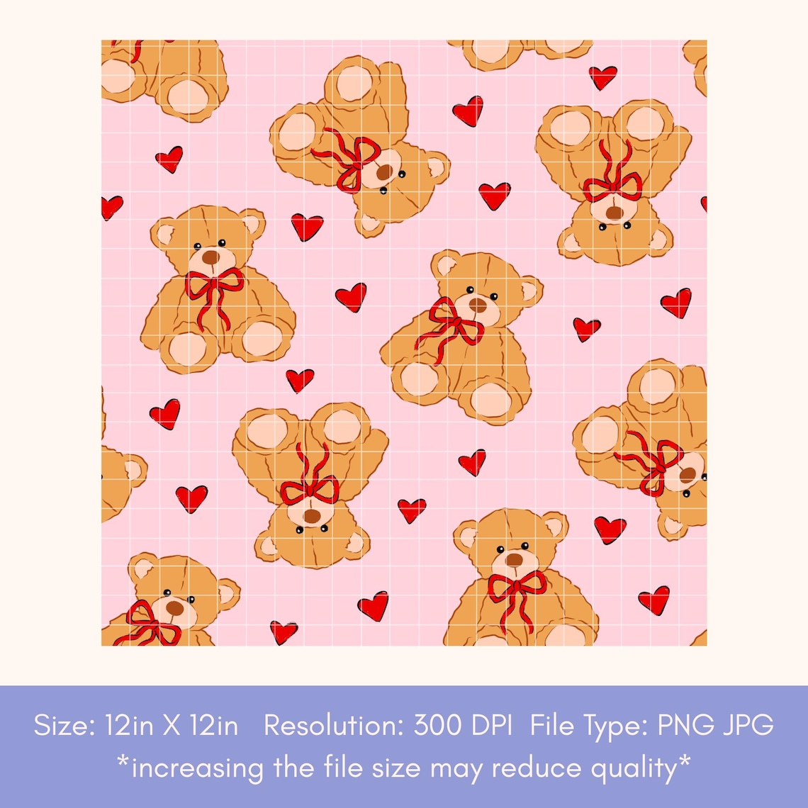 Pink Valentine's Day Teddy Bears Seamless Pattern, Coquette Bows, Red ...
