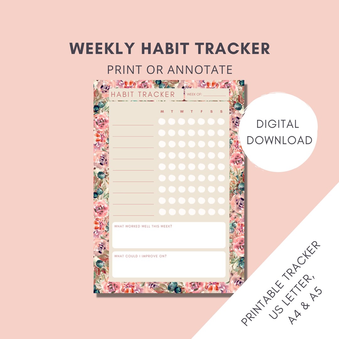 Weekly Habit Tracker Printable Tracker Rose Floral Daily Journal Goal ...