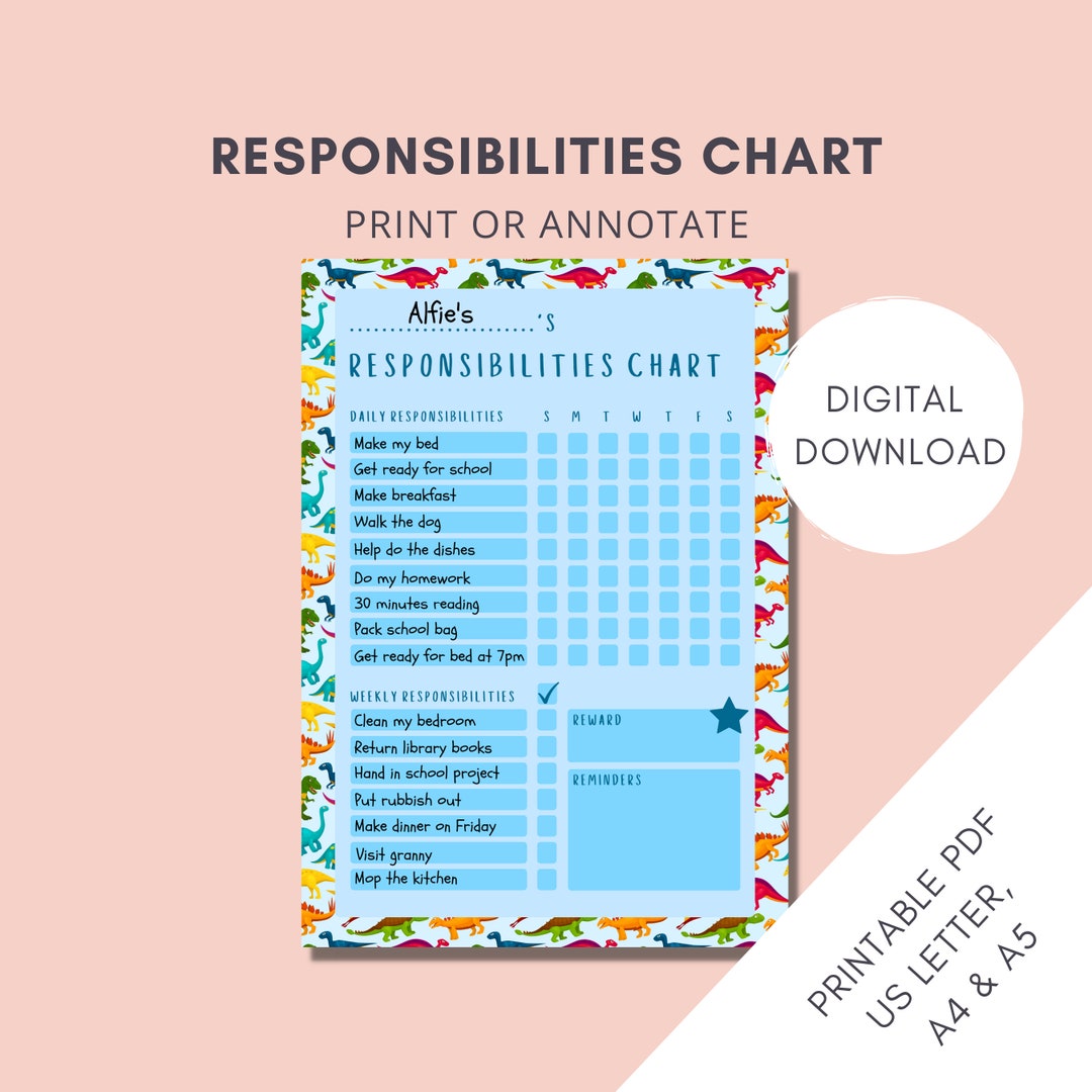 Kids Responsibility Chart Printable Chore Chart Dinosaur Daily Weekly ...