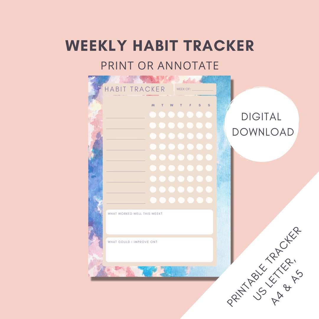 Weekly Habit Tracker Printable Tracker Pink and Blue Watercolour Daily ...