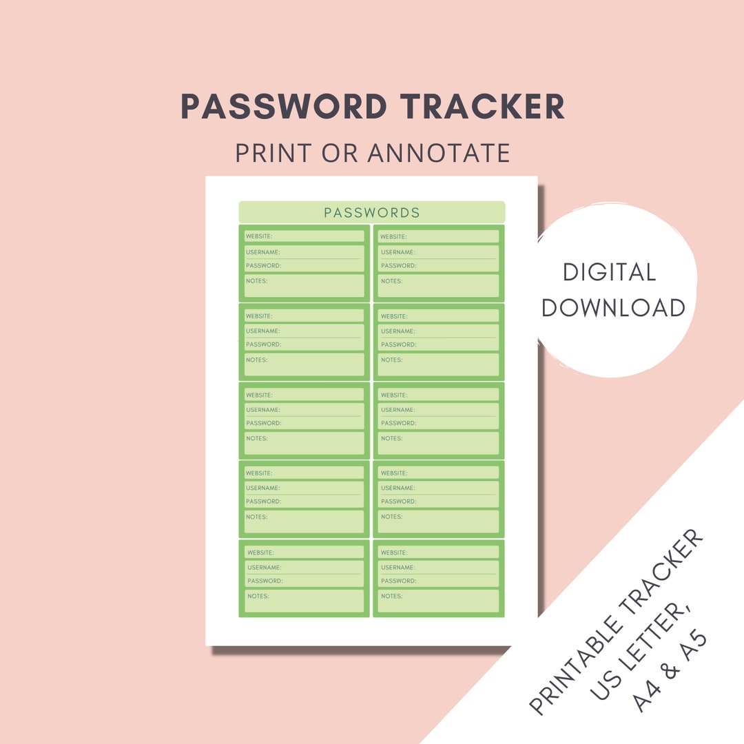 Password Tracker Printable Tracker Green Password Log Username Tracker ...
