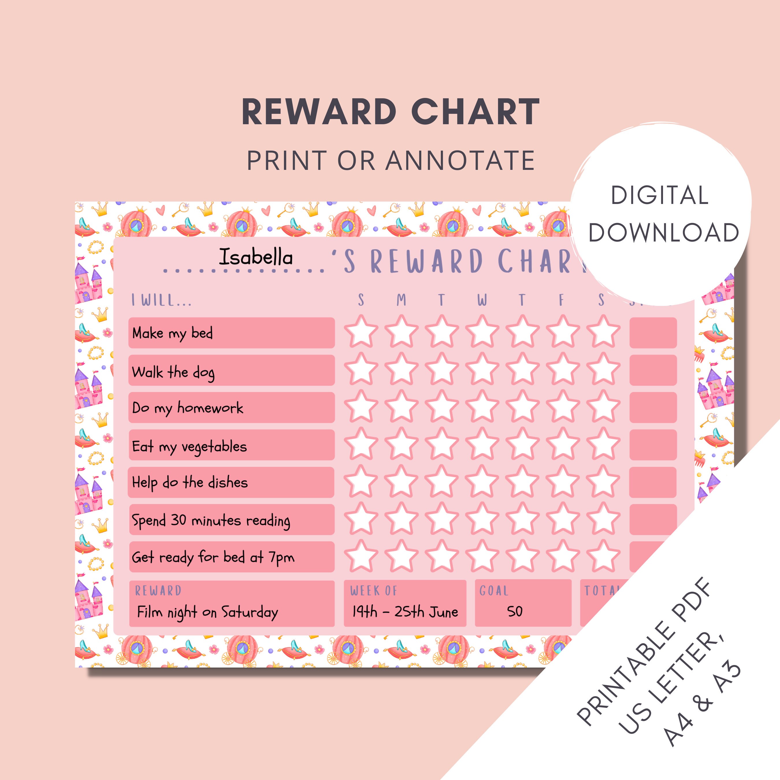 Kids Reward Chart Printable Star Chart Princesses Daily Weekly Routine ...