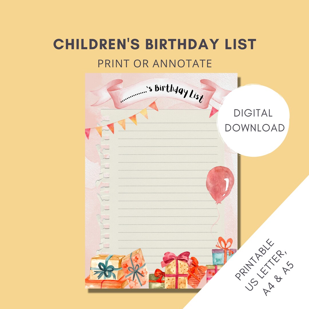 Children's Birthday List Printable Birthday List Pink Wish List Gift ...