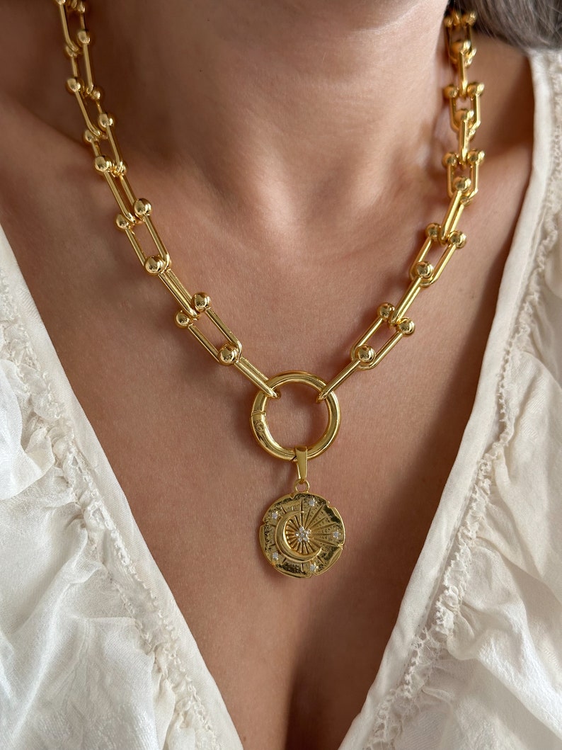 Chunky Horse Shoe Chain U Link Necklace, Lucky Charm With U Chain Link ...