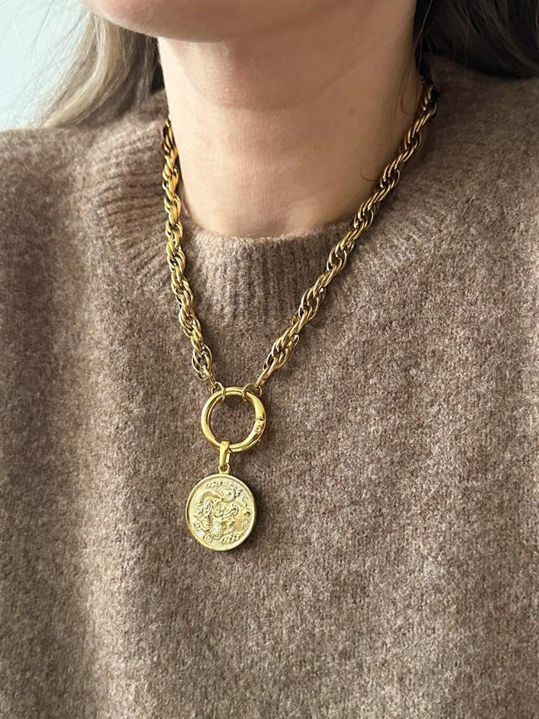 Coin Necklace, Gold Coin Necklace, Round Lock Necklace, Gold Tone Coin ...