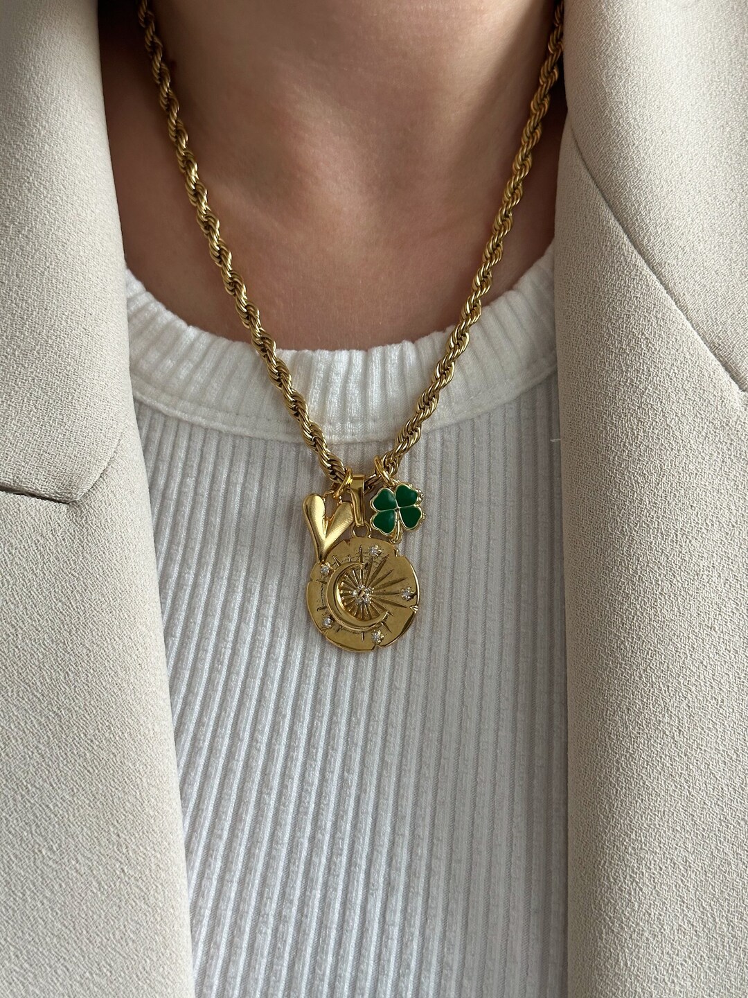Mutli Charm Necklace, Moon and Star Necklace, Heart Necklace, Layering ...