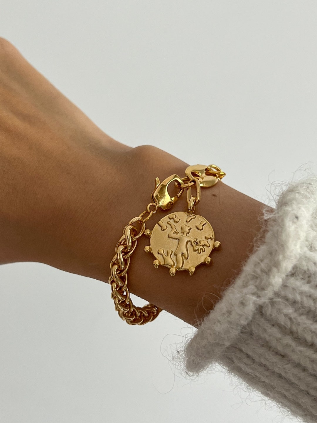 Gold Coin Charm Bracelet, Chunky Gold Chain Bracelet, Athina Coin ...