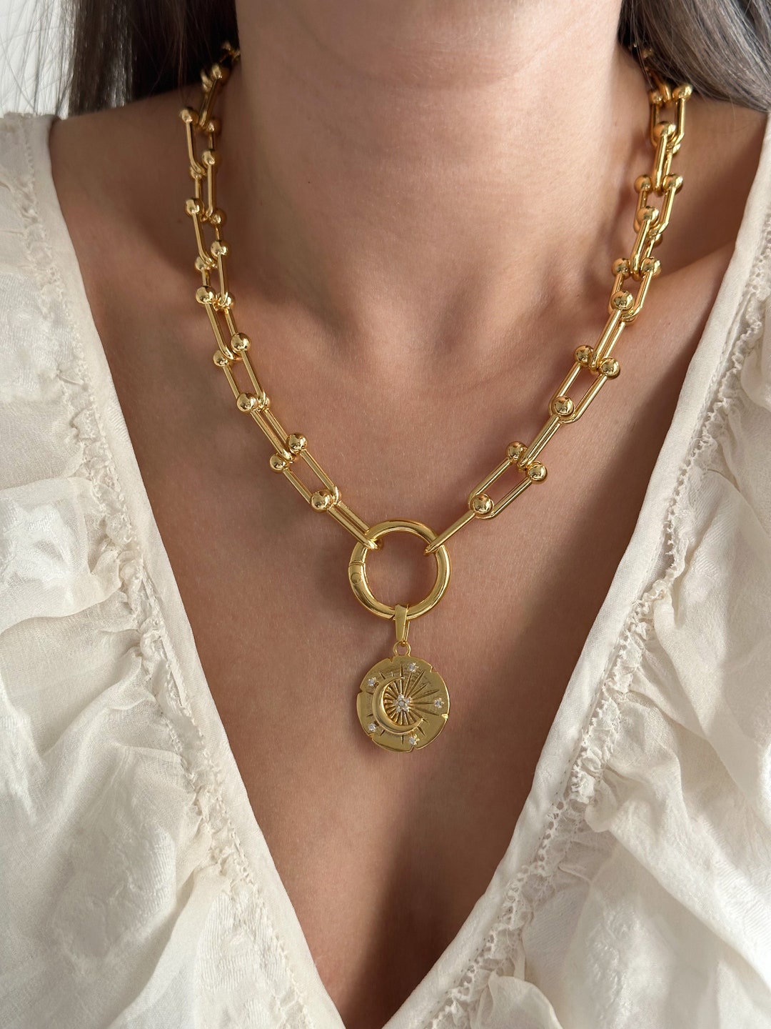 Chunky Horse Shoe Chain U Link Necklace, Lucky Charm With U Chain Link ...
