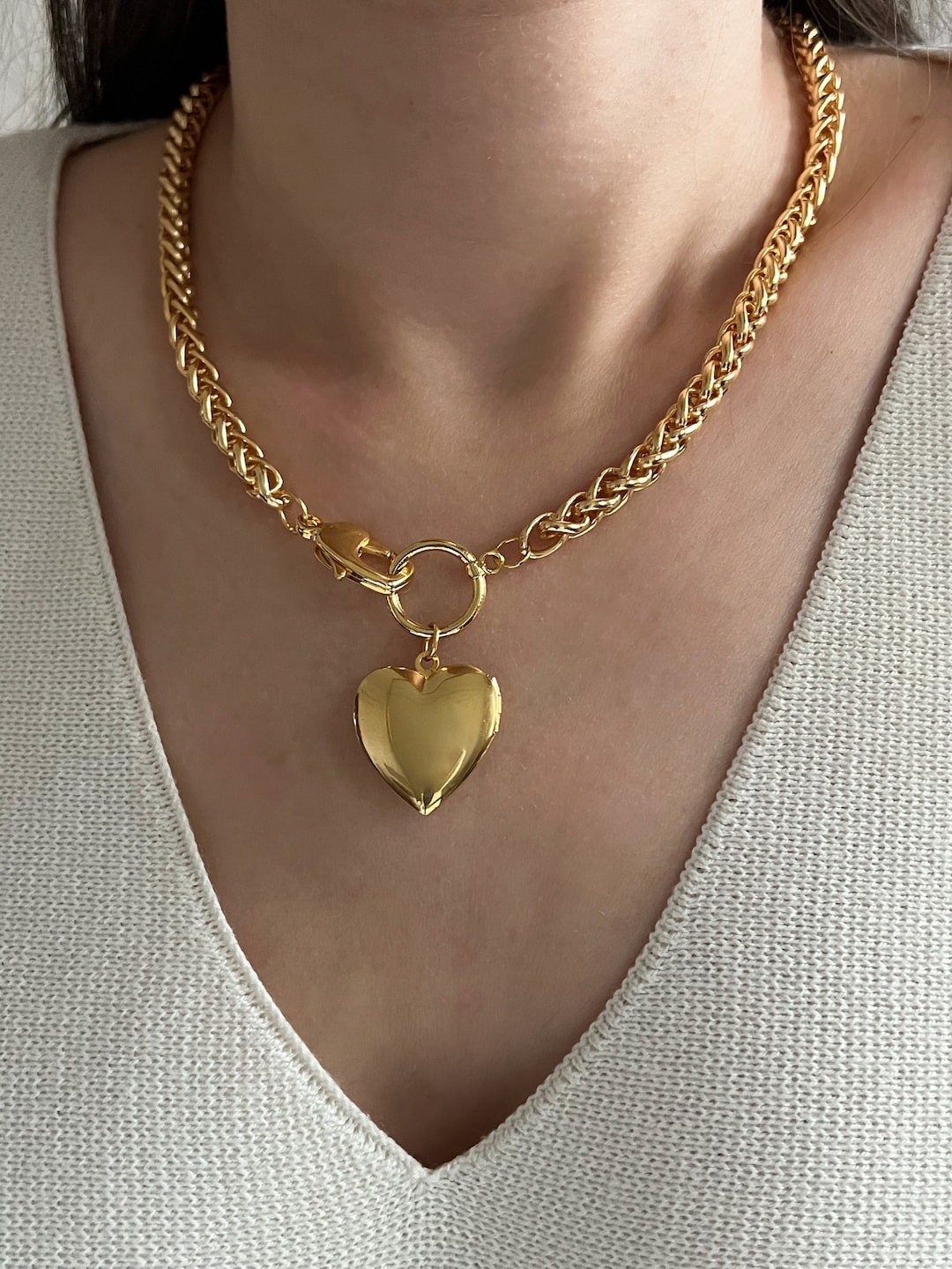 Gold Heart Necklace, Locket Heart Pendant Necklace, Gold Chunky Chain ...