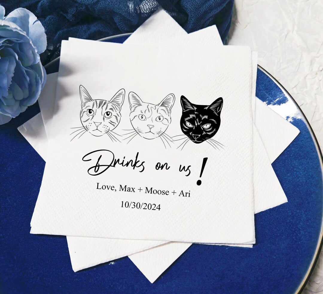 Custom Illustrated Cat Wedding Napkins,personalized Pet Cocktail ...