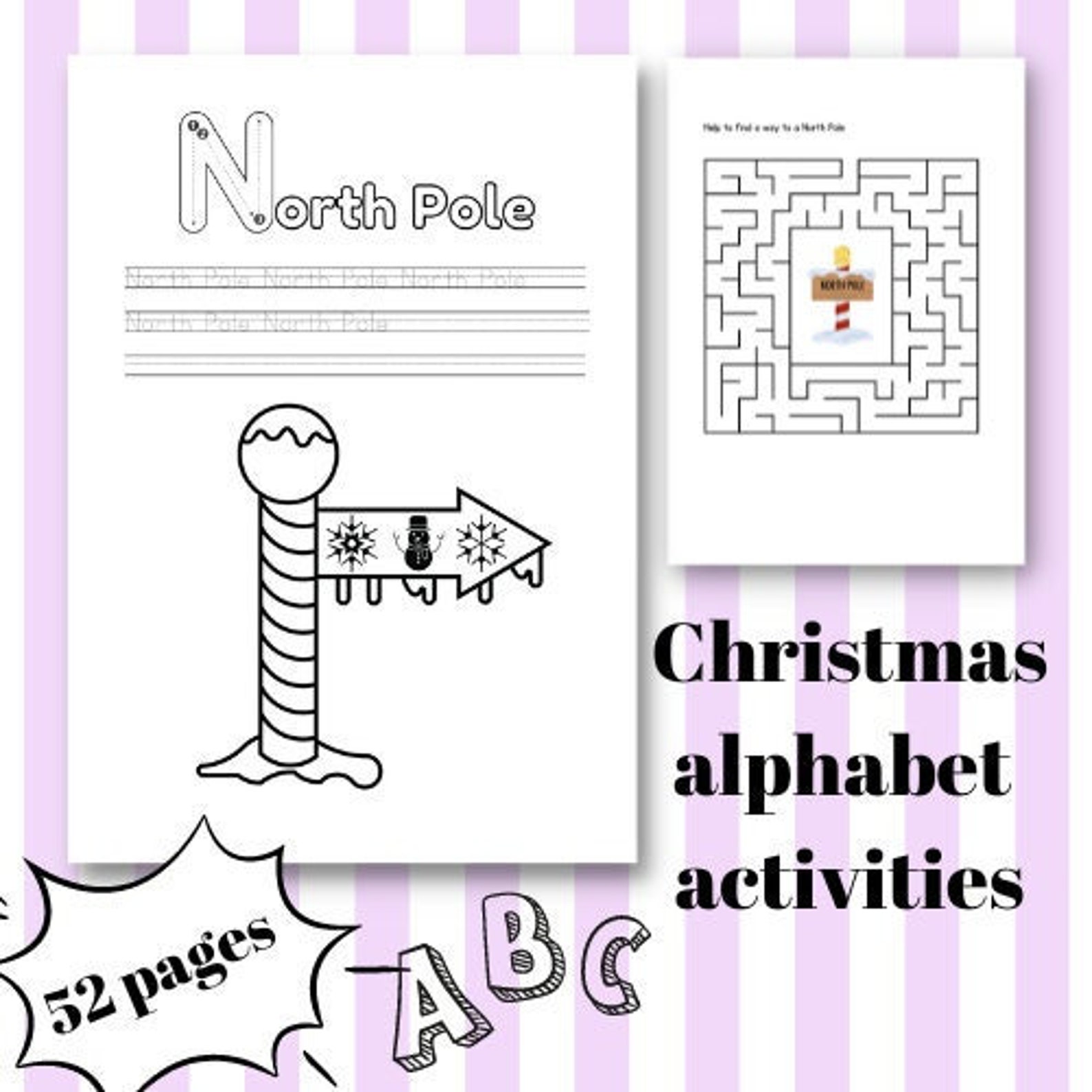 Christmas Themed Alphabet Printable Worksheet Handwriting - Etsy