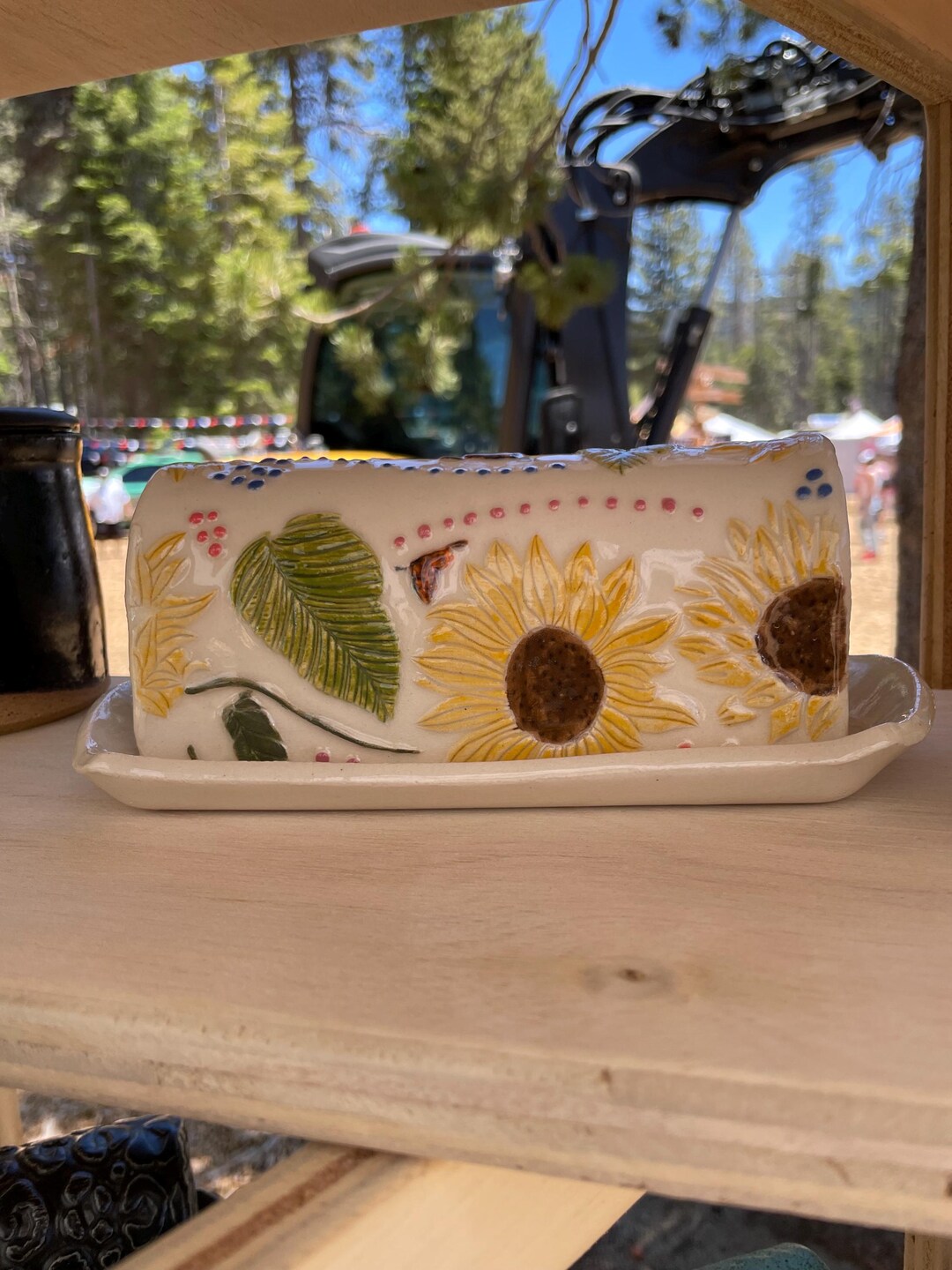 Sunflowers and Butterfly Textured Ceramic Covered Butter Dish Handmade ...