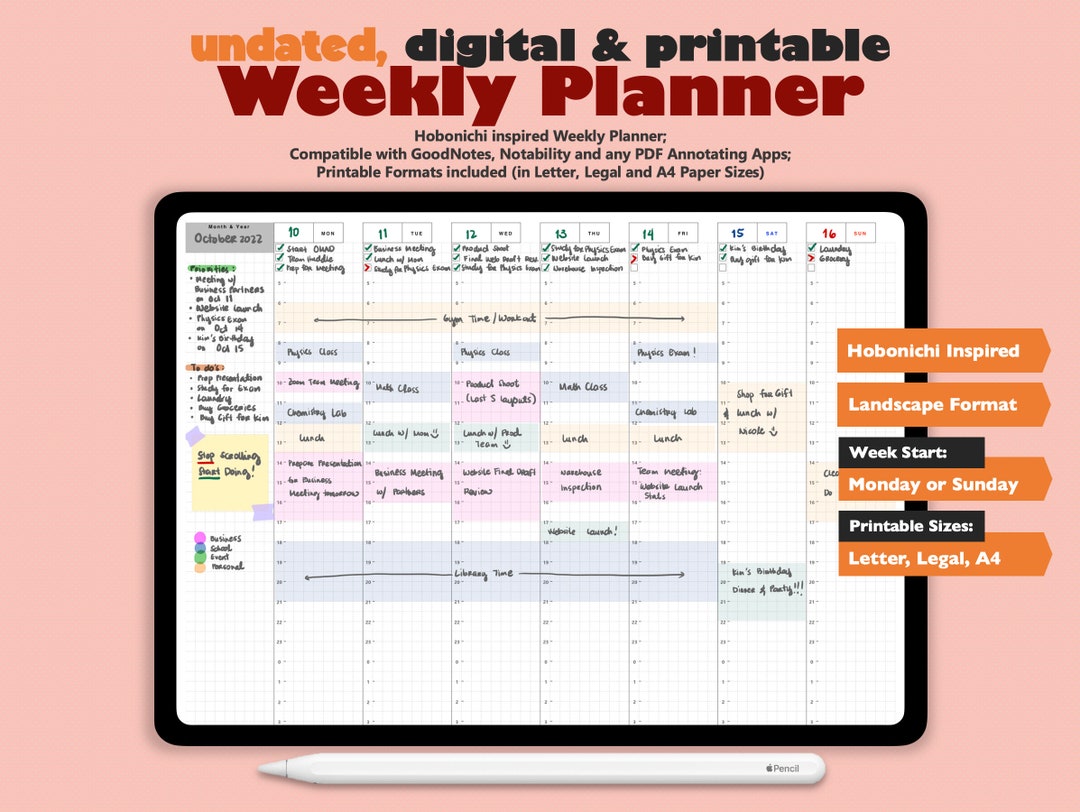 Undated Weekly Planner - Digital and Printable, Goodnotes Planner ...