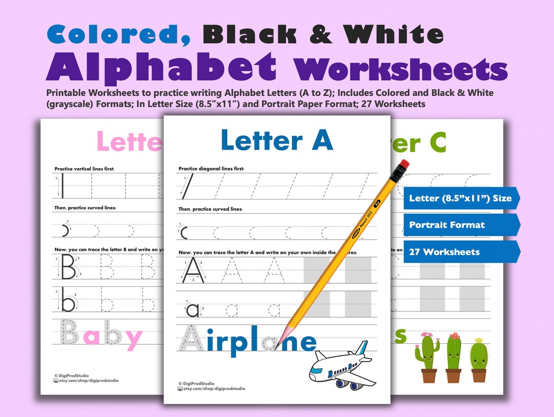 Printable Alphabet Worksheets Tracing Letters Practice - Etsy