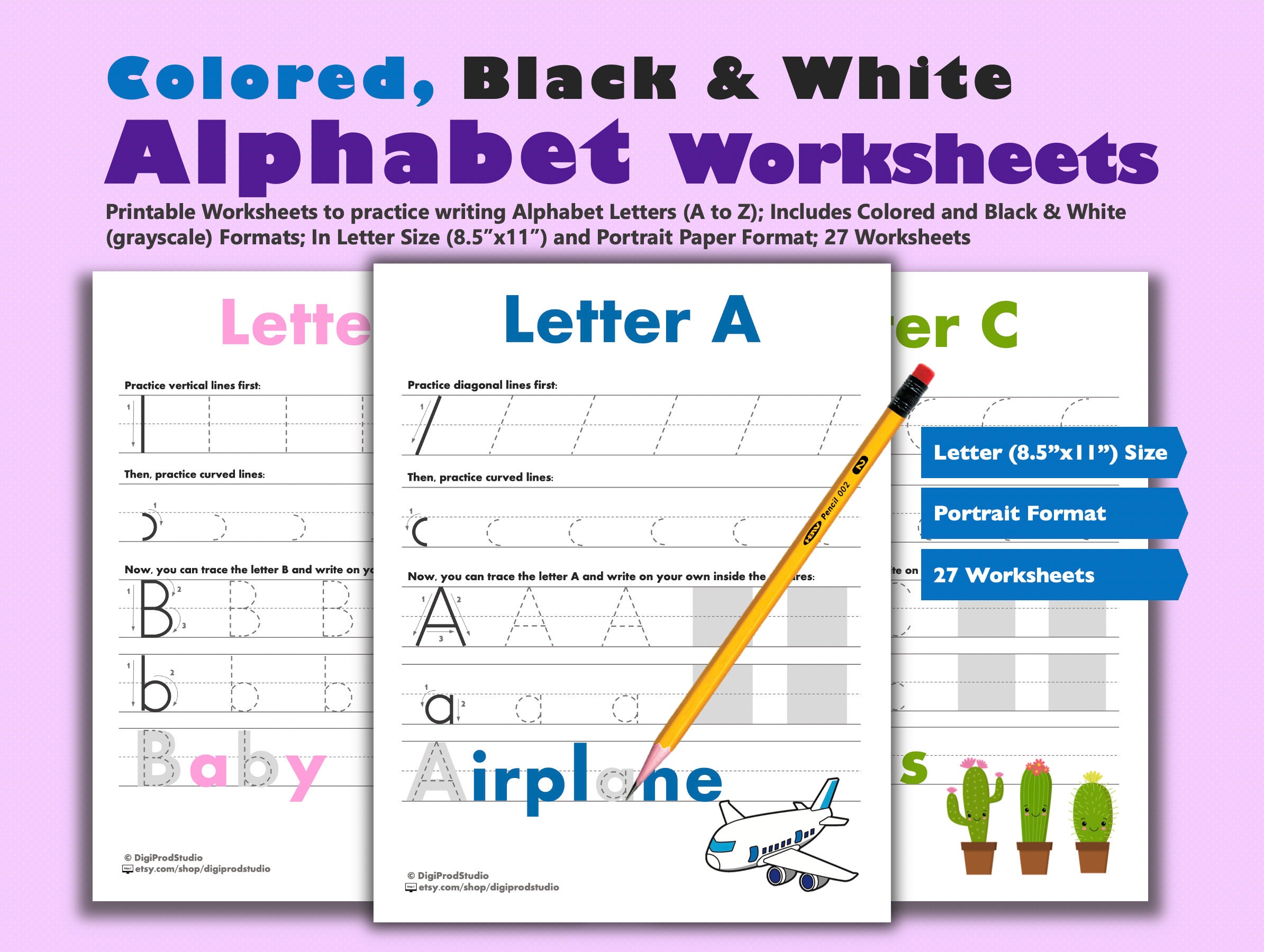 Printable Alphabet Worksheets Tracing Letters Practice - Etsy