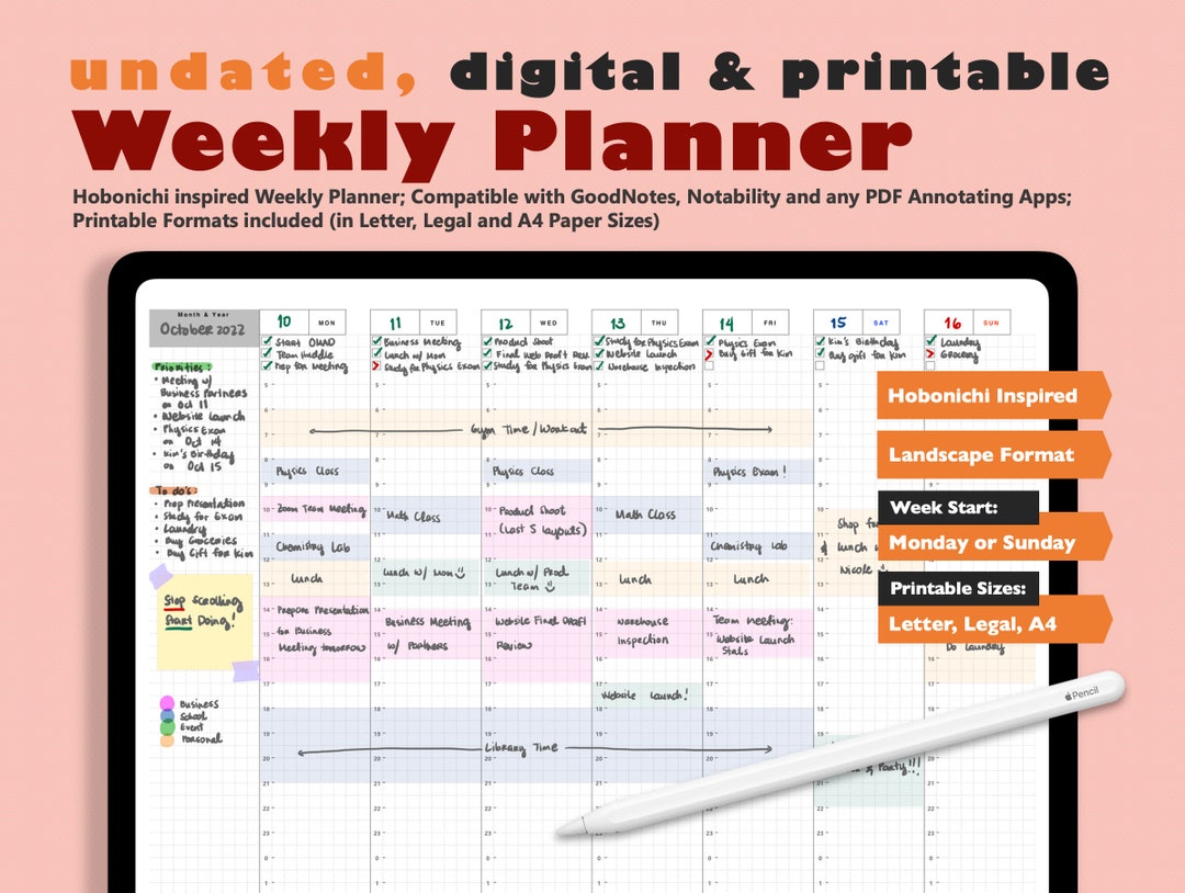 Undated Weekly Planner Digital and Printable, Goodnotes Planner ...