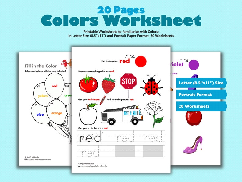 Printable Color Worksheets, Learning Colors for Kids, 20 Worksheets - Etsy