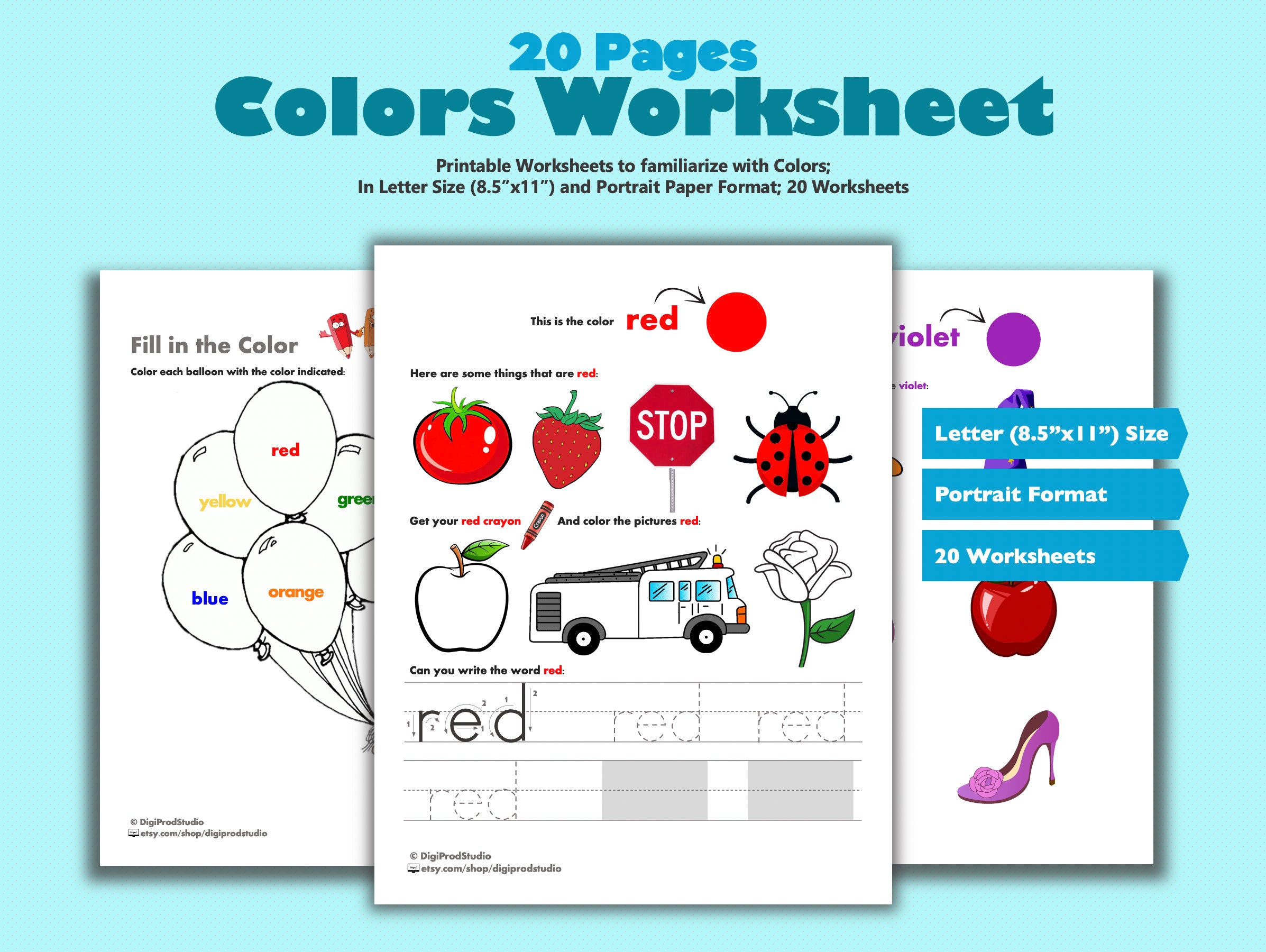 Printable Color Worksheets, Learning Colors for Kids, 20 Worksheets - Etsy