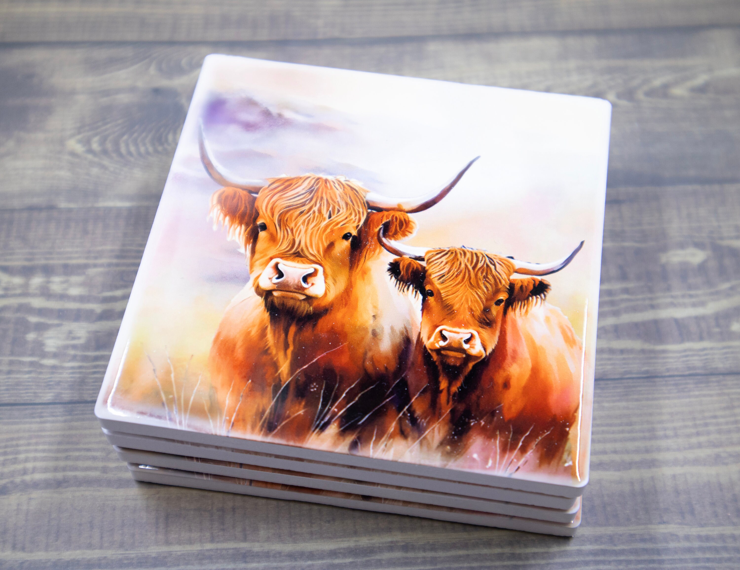 Highland Cow Coasters, Ceramic, Drink Coasters, Set of 4, Antiqued ...