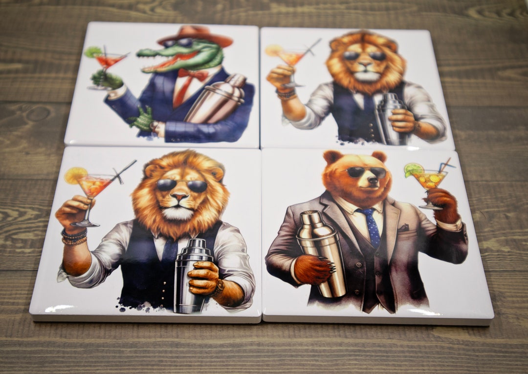 Animal Bartender Coasters, Ceramic, Drink Coasters, Set of 4, Lion ...
