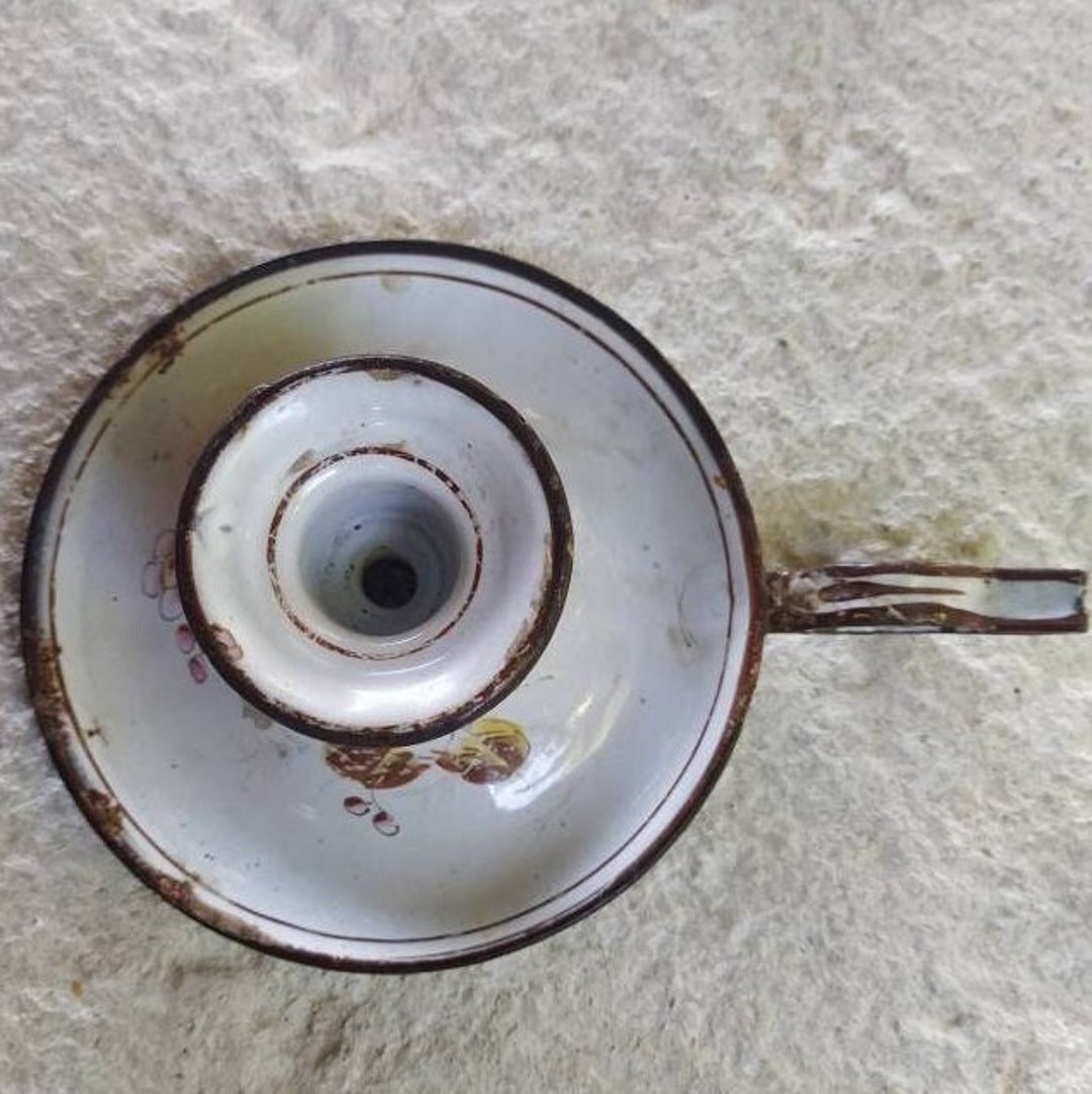 Vintage White Enameled Tin Candle Holder/patinated/floral Theme/rust ...