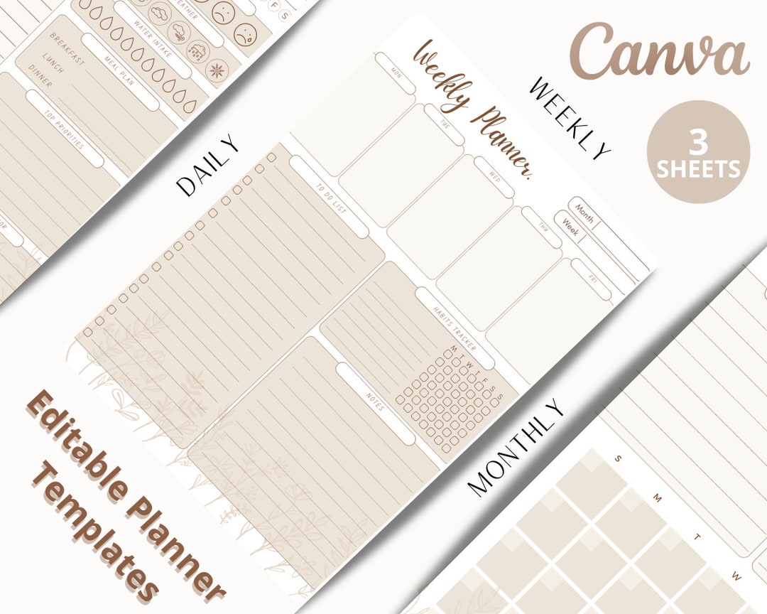 Daily Weekly Monthly Editable Canva Planner Template, Daily Planner ...