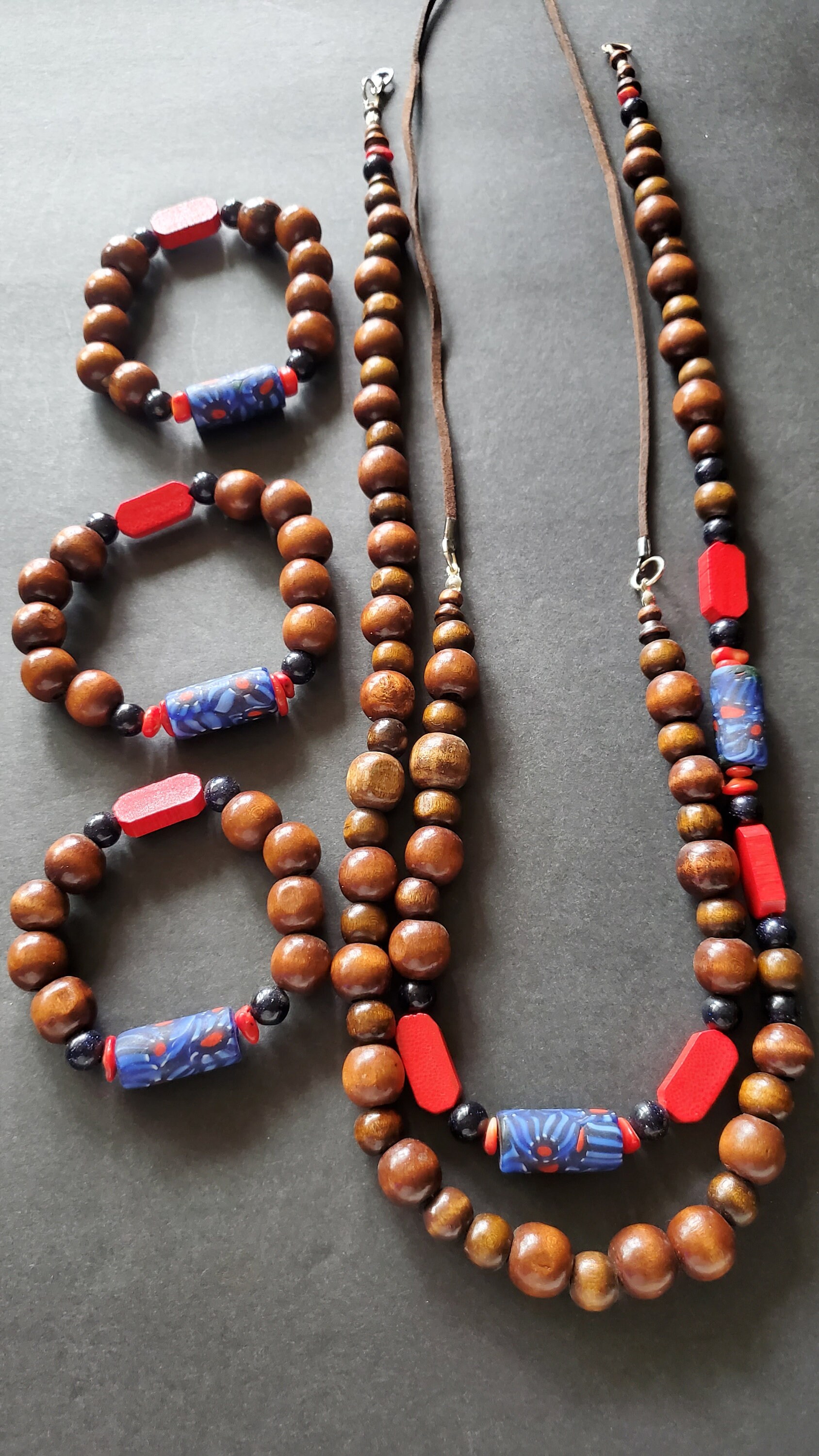 Blue Sandstone Wood Jewelry Bracelet Necklace Gift Set for Him/her/them ...