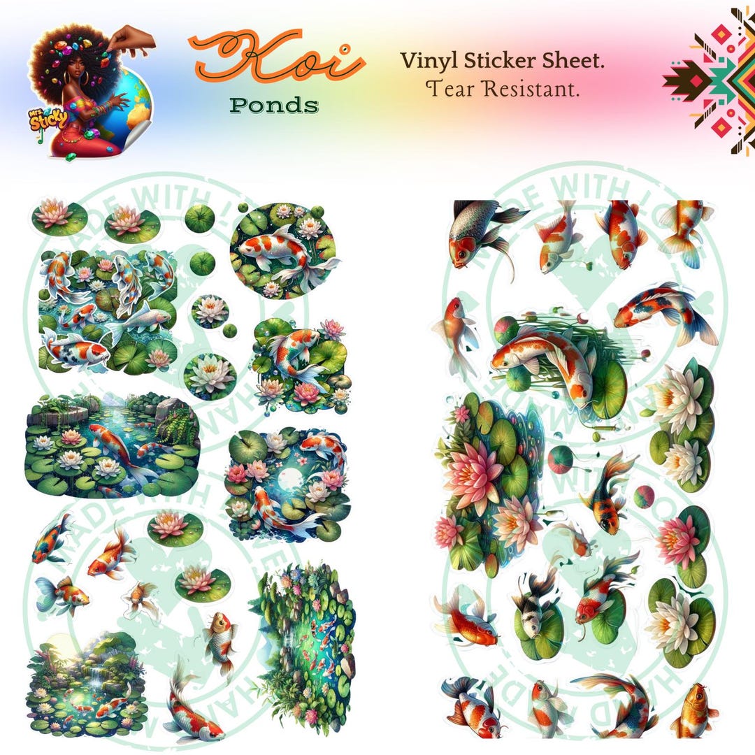 Koi Fish Ponds Lilypad Waterscapes Vinyl Stickers Gift Craft Journal ...