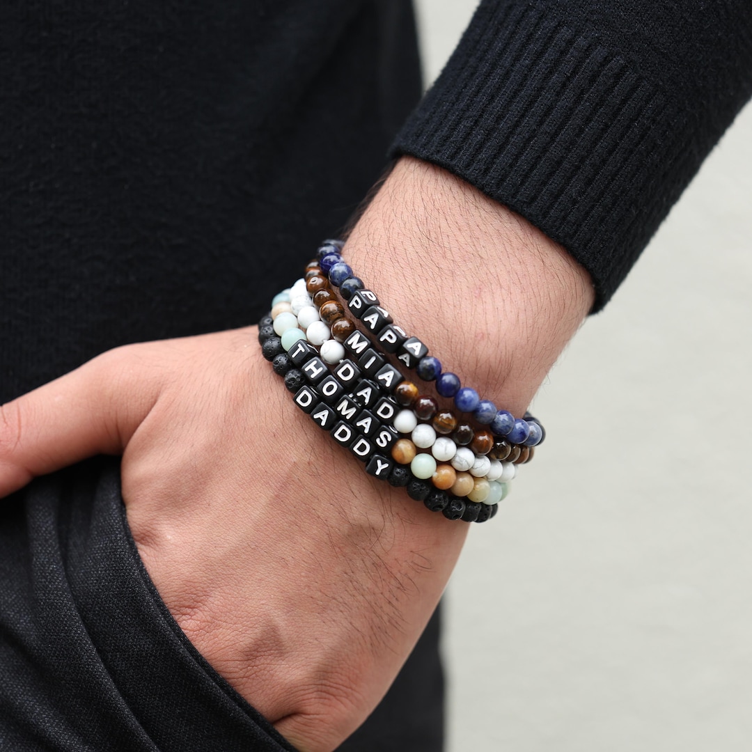 Personalized Men's Beaded Bracelet Set, Custom Name Bracelet for Men ...