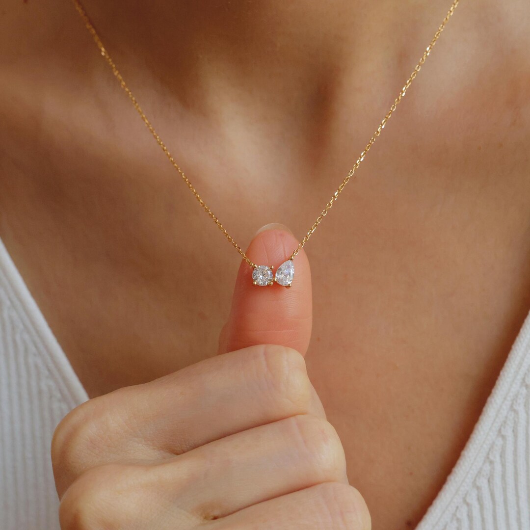 925 Silver Teardrop Diamond Necklace,18kgold Double Diamond Necklace ...