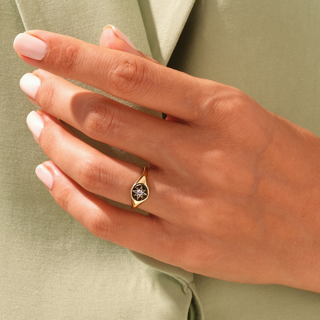 Polaris Birthstone Signet Ring / North Star Birthstone Ring / - Etsy
