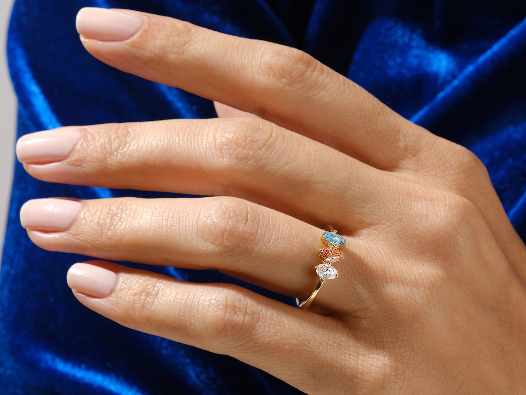 14k Solid Gold Mother's Ring / 3 Stone Gold Birthstone Ring for Mom ...