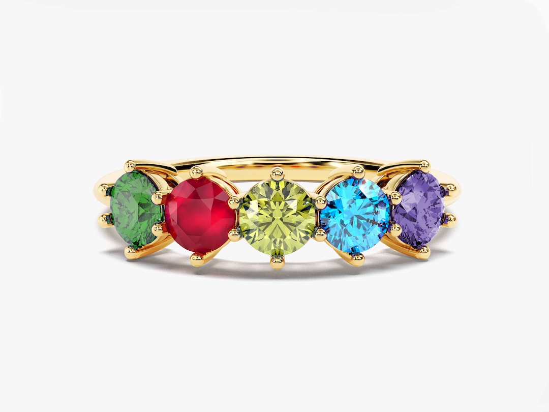 14k Solid Gold Multi-stone Ring / 5-stone Birthstone Ring Band ...