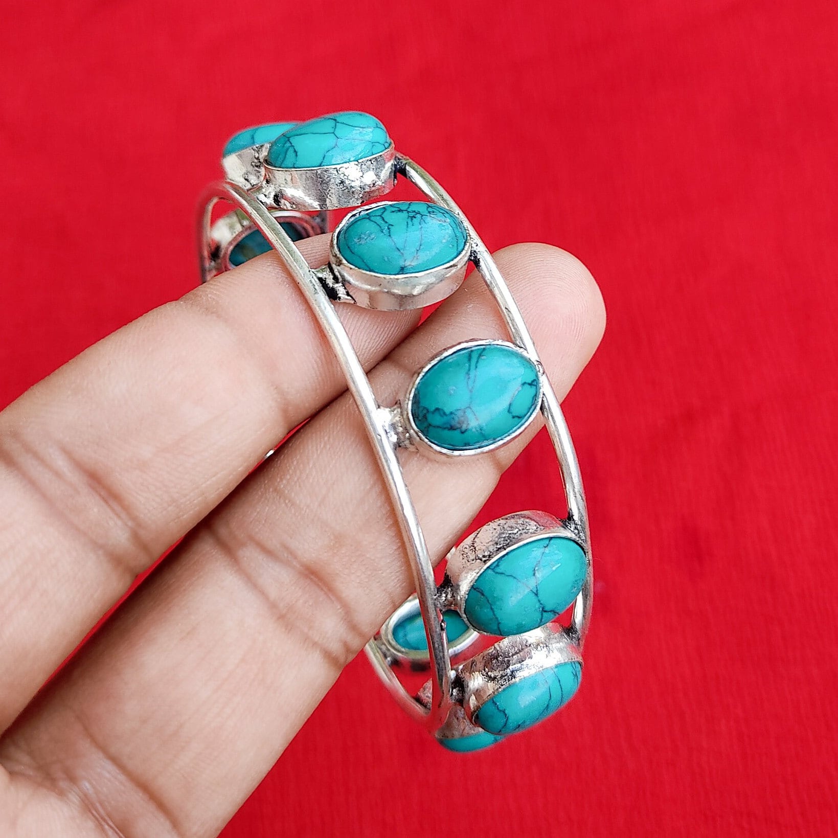 Turquoise Bangle 925 Silver Plated Cuff Bangle Handmade Adjustable ...