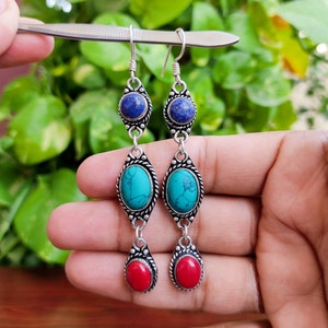 Turquoise, Coral & Lapis Earrings, Silver Plated Handmade Boho Jewelry ...