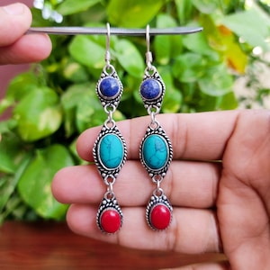 Turquoise, Coral & Lapis Earrings, Silver Plated Handmade Boho Jewelry ...
