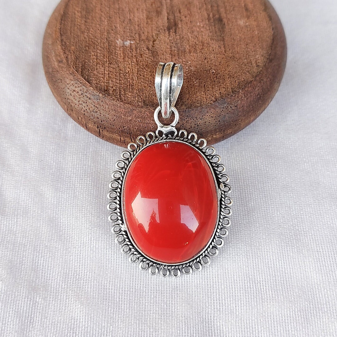 Red Coral Gemstone Pendant With Silver Plated Chain Necklace Large Size Pendant Moonga Jewelry ...