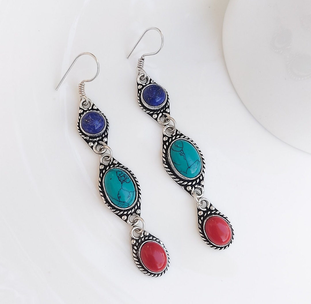 Turquoise and Red Coral Multi Stone Earrings Silver Plated Ear - Etsy