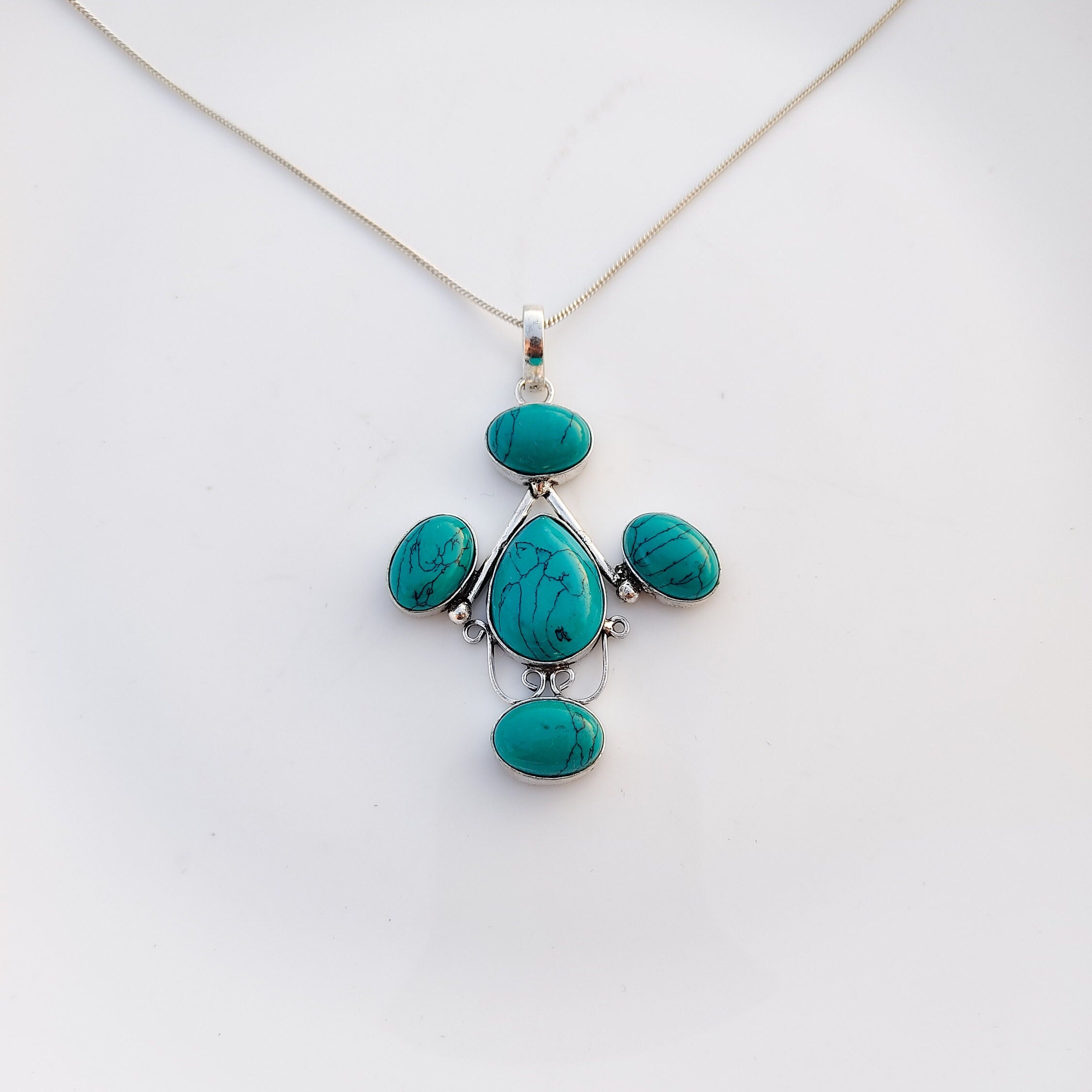 Turquoise Pendant 92.5 Silver Plated Chain Necklace Multi Stone Pendant ...